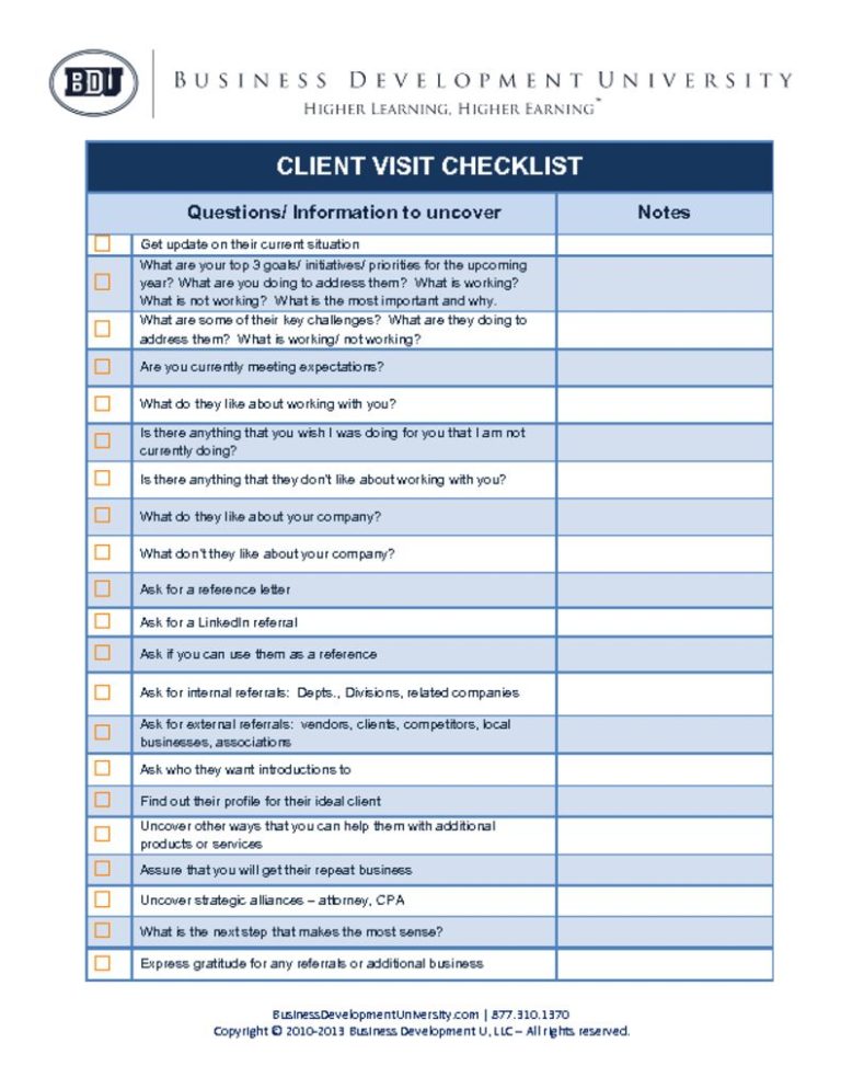 BDU Client Visit Checklist | BUSINESS DEVELOPMENT UNIVERSITY